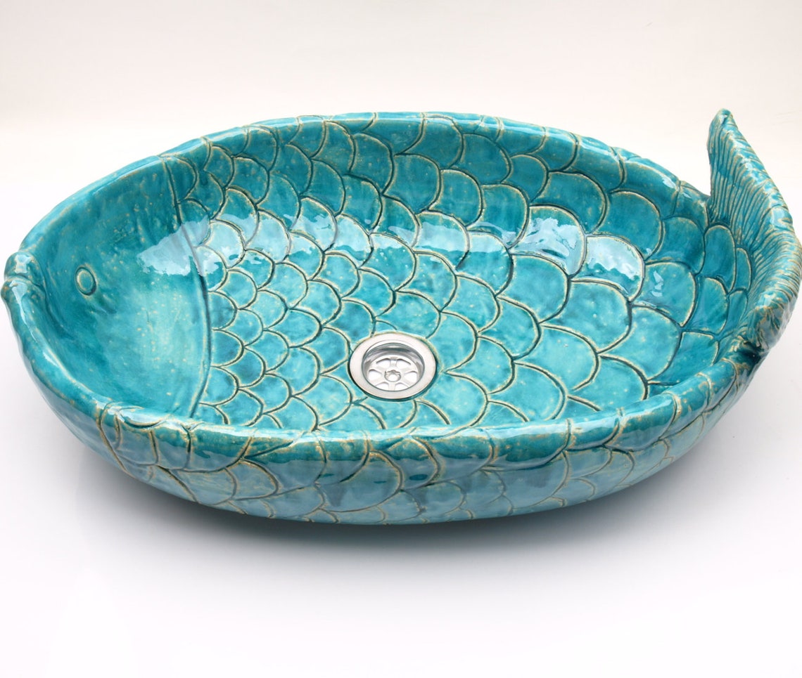 UM54 Big Turquoise Ceramic Oval Fish Sink Washbasin - Etsy