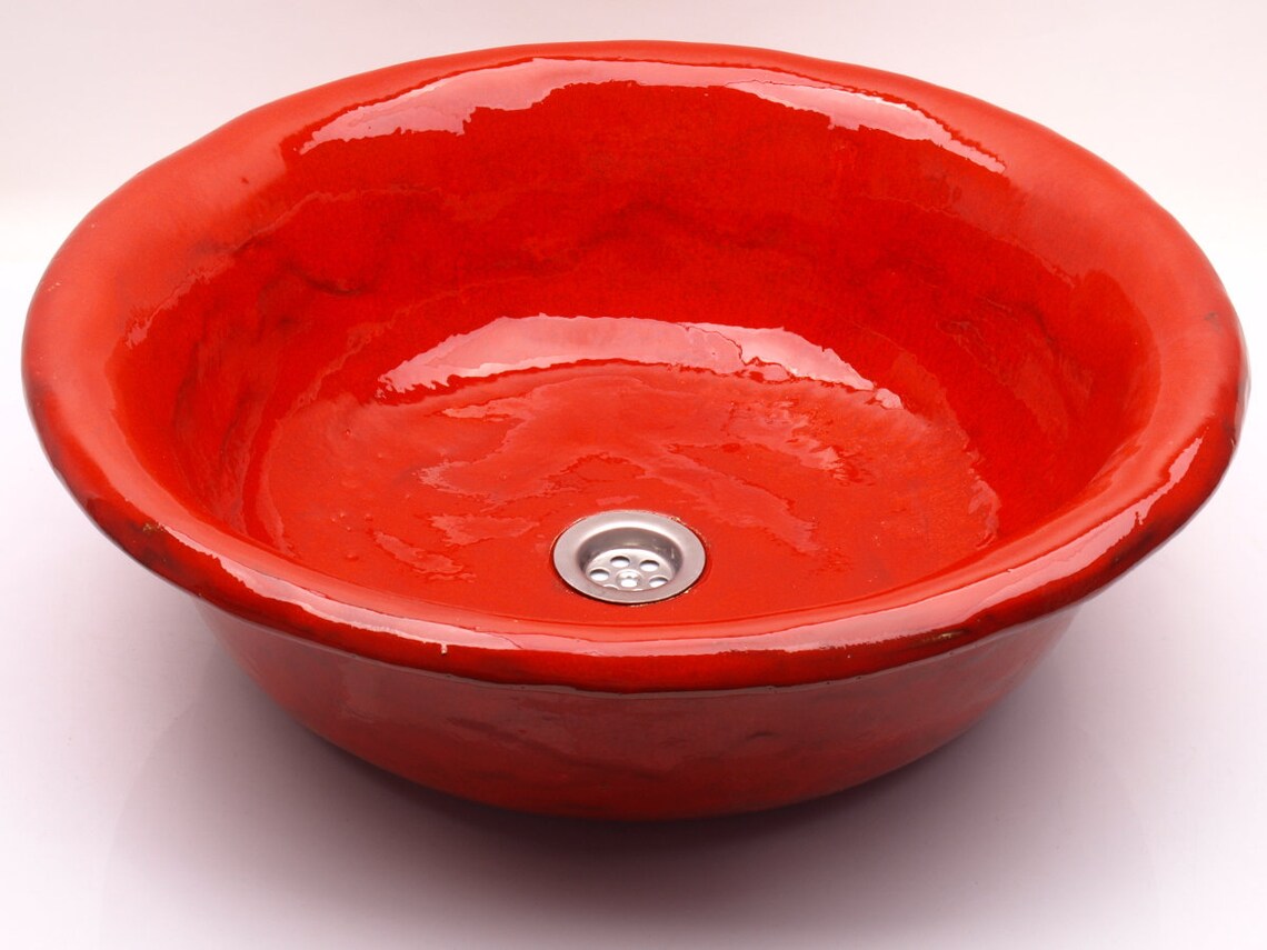 UM55 Big Red Ceramic Sink Round Overtop Washbasin Handmade - Etsy