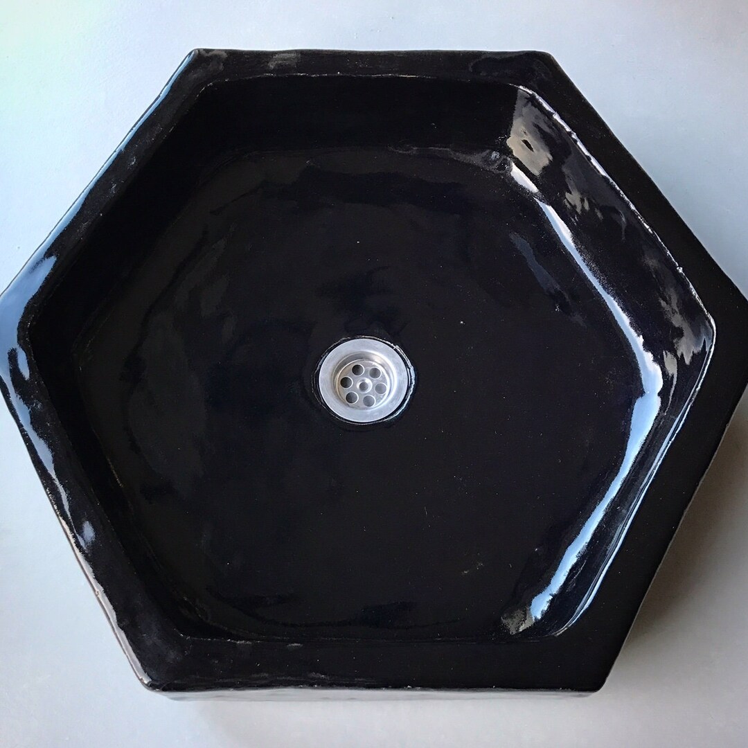 UM63 Hexagon Black Sink, Round Overtop Washbasin, Handmade Ceramic ...