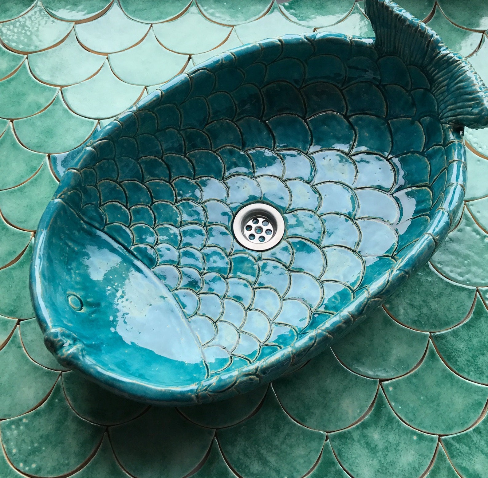 UM54 Big Turquoise Ceramic Oval Fish Sink Washbasin - Etsy
