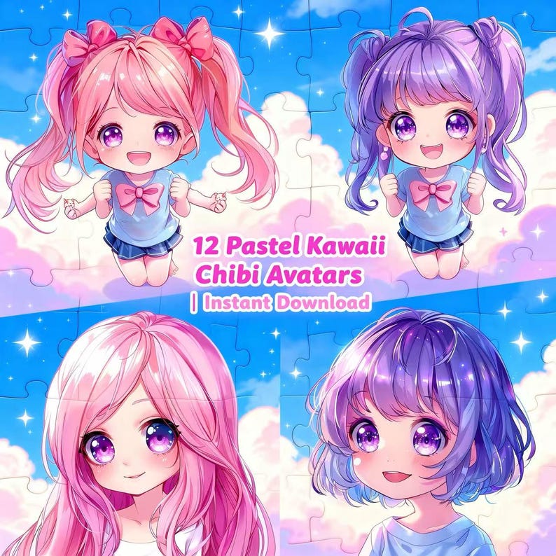 12 Pastel Kawaii Chibi Avatars for Creative Digital Projects & Stickers ...