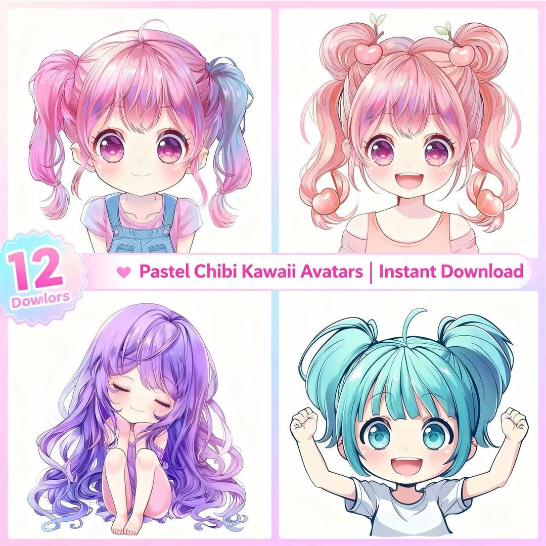 12 Pastel Chibi Kawaii Avatars for Social Media, Stickers & Digital ...