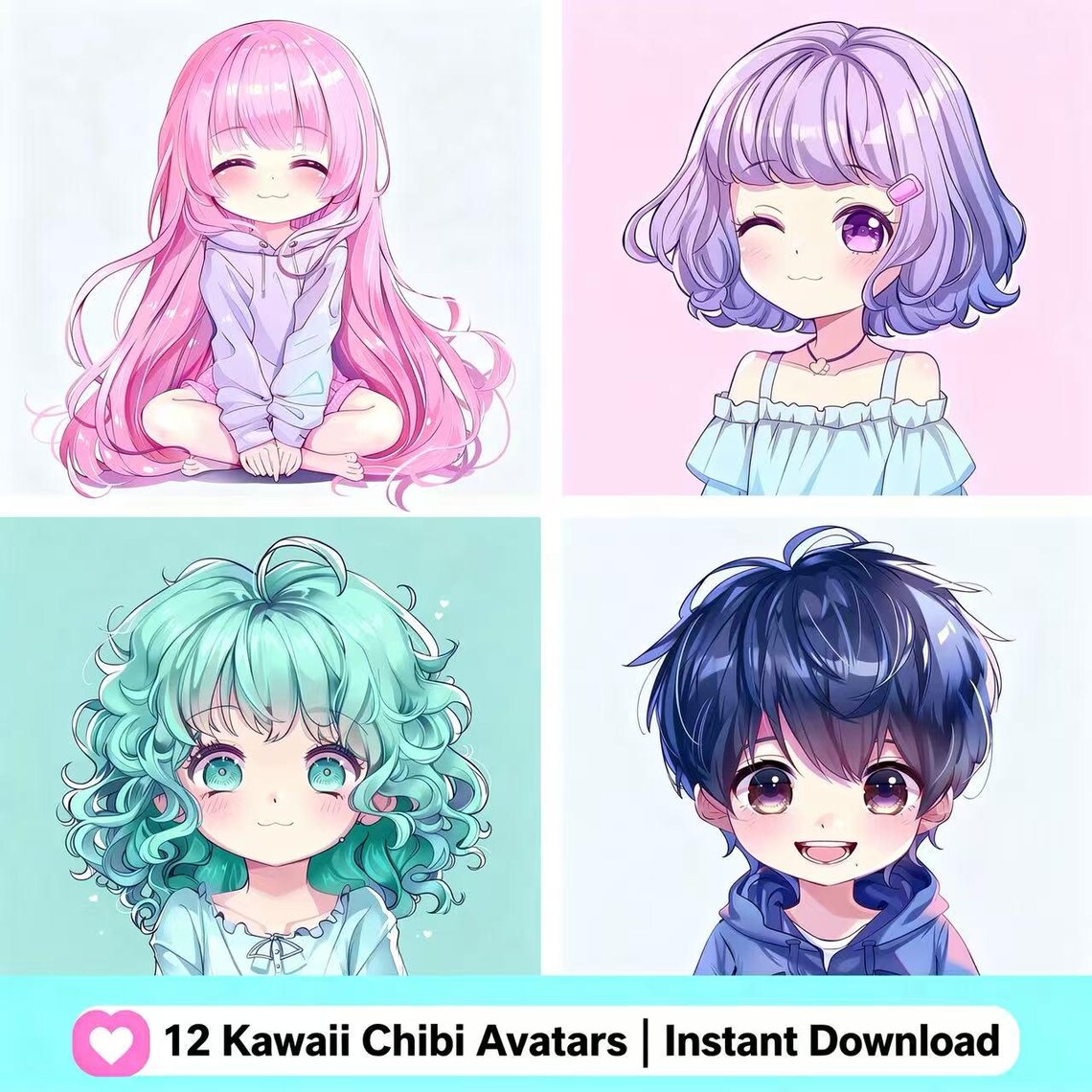 12 Kawaii Chibi Avatars for Social Media, Stickers & Journaling - Etsy