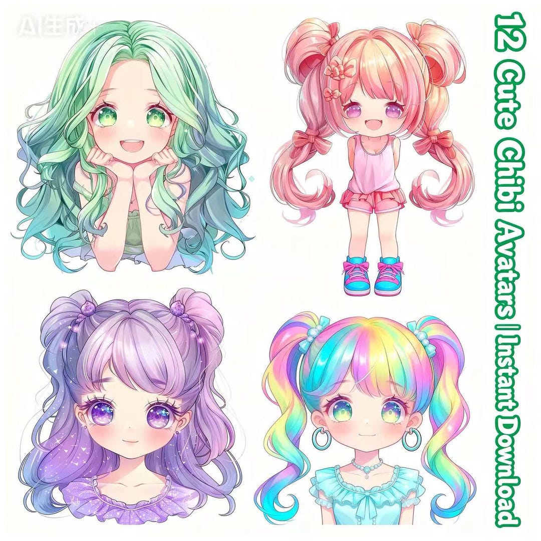 12 Pastel Chibi Avatars, Stickers, Social Media (PNG Download) - Etsy