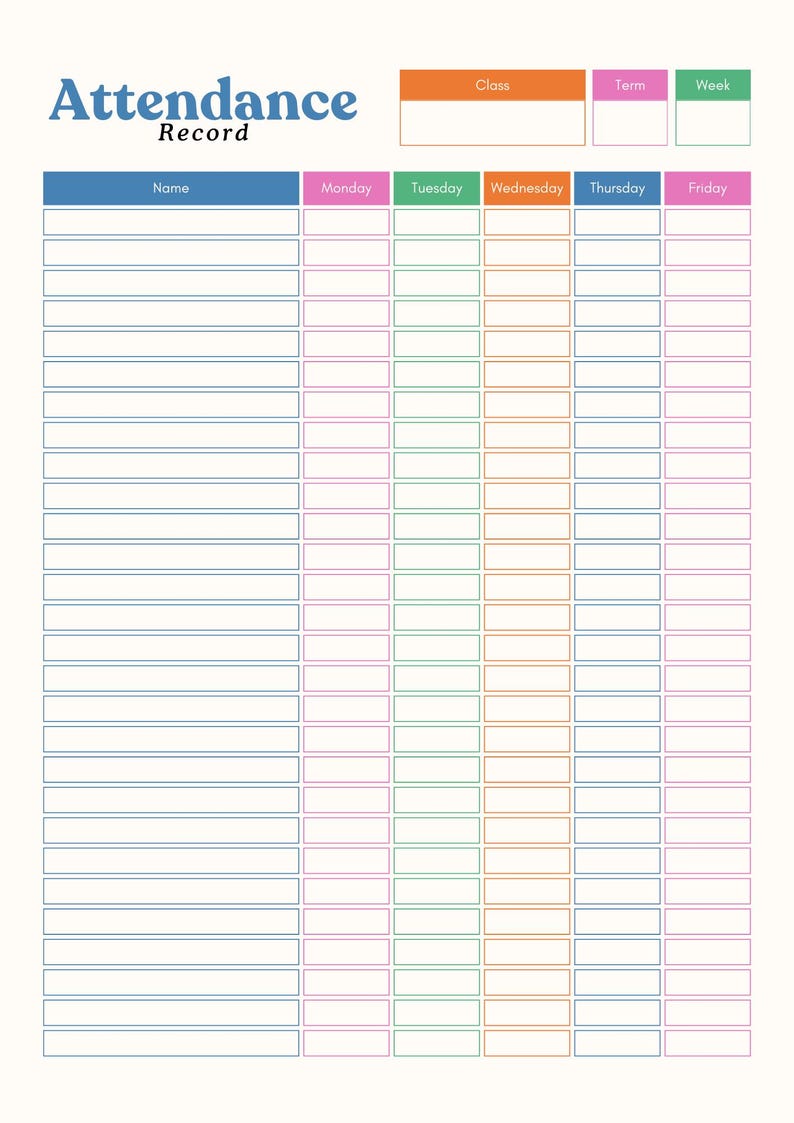 Printable Student Attendance Record PDF | Weekly Classroom Homeschool ...