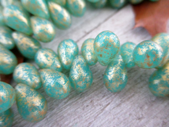 6x9mm Caribbean Turquoise Gold Drops Czech Glass Strand of - Etsy