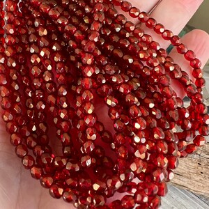 4mm Ruby Red With Gold Glass Beads, Faceted Fire Polished Czech Glass ...