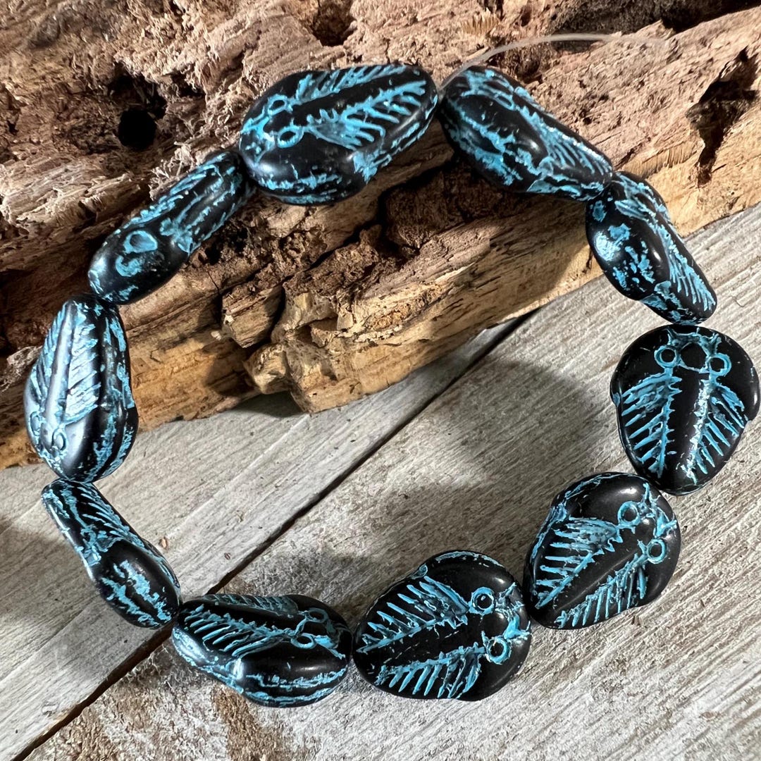 Trilobite Beads, Black With Turquoise Wash Czech Glass Fossil Beads, 10 ...