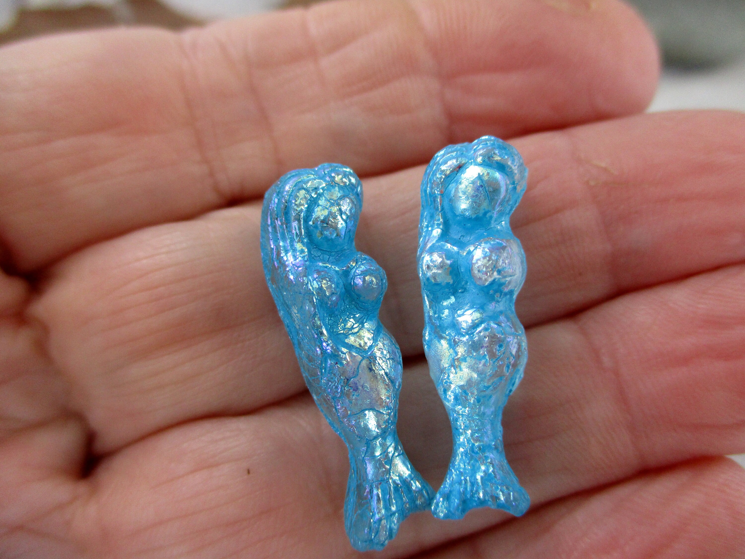 2 Mermaid Beads, Blue AB, 5x25mm, Czech Glass Beads, Drilled Lengthwise ...