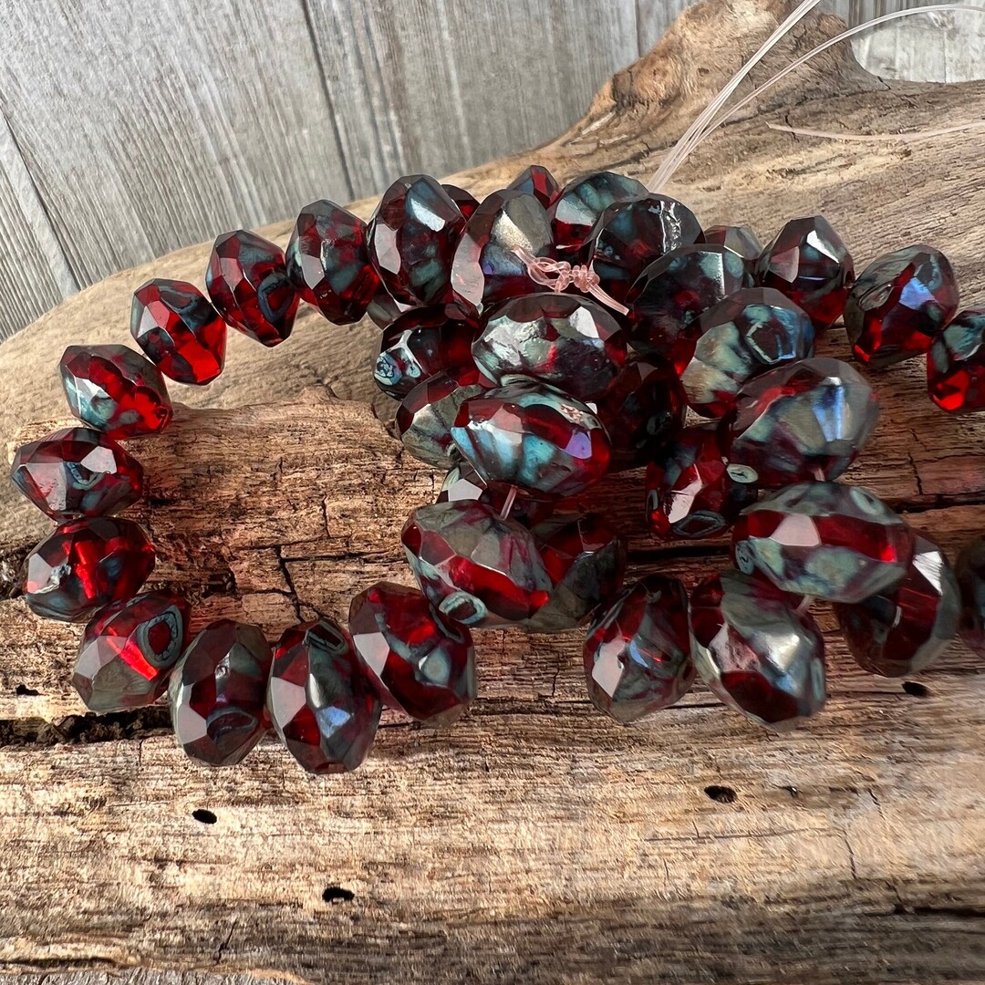 7x11mm Ruby Red Picasso Saucer Beads, Strand of 15 Czech Glass Beads ...