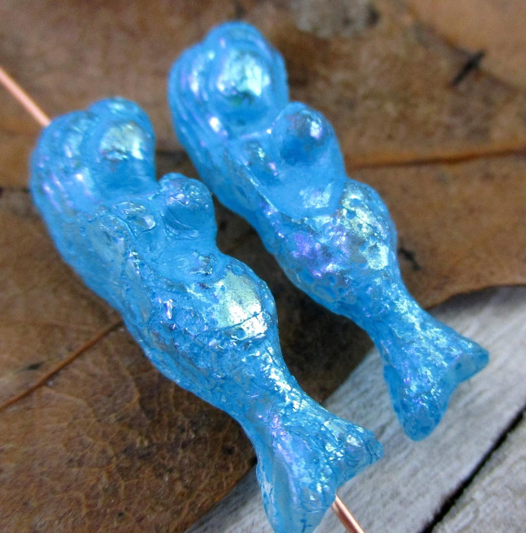 2 Mermaid Beads, Blue AB, 5x25mm, Czech Glass Beads, Drilled Lengthwise ...