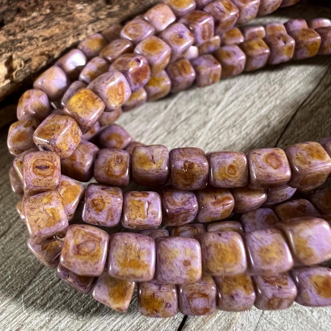 4mm Thistle With Rust Picasso Square Beads, Strand of 40 Cube Beads ...