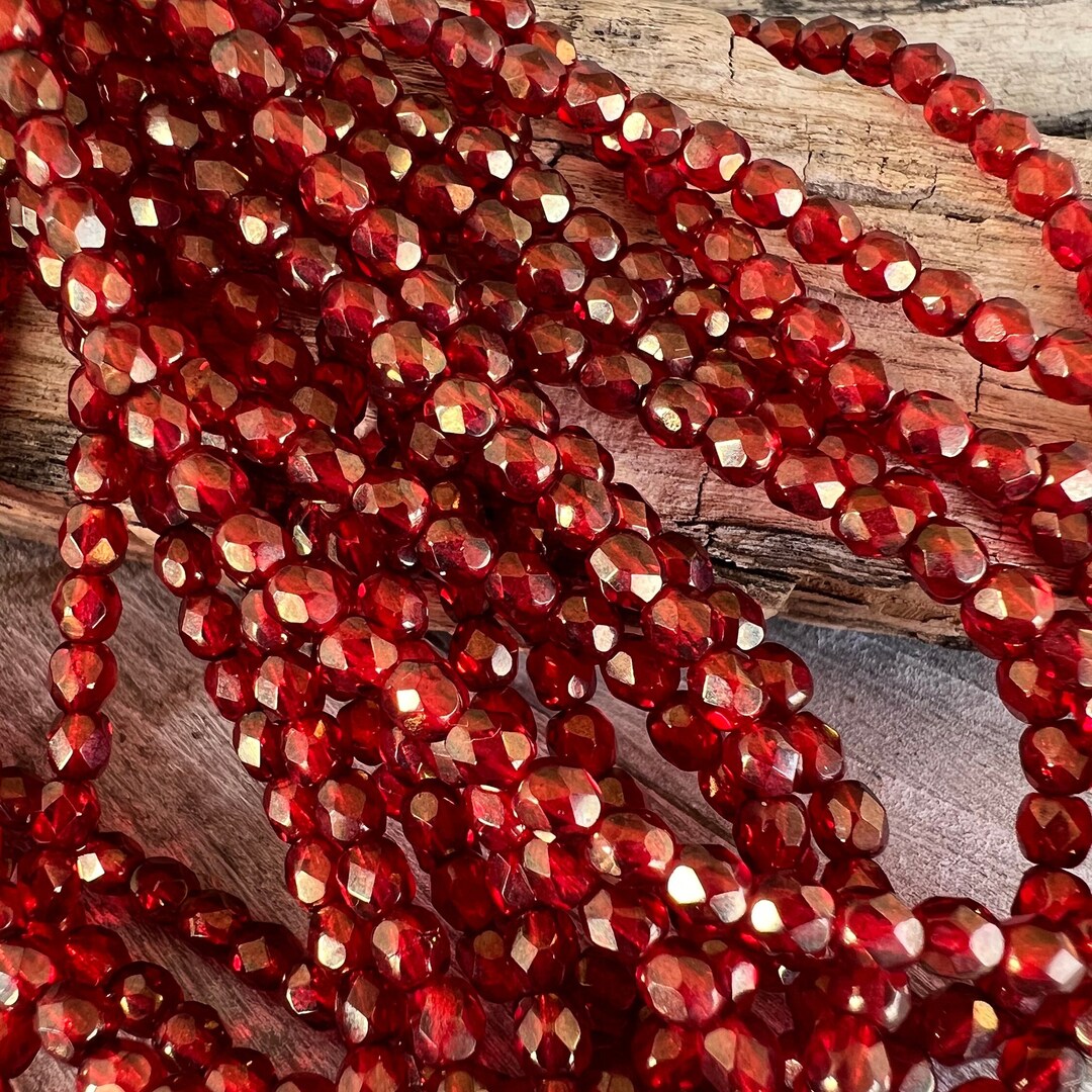 4mm Ruby Red With Gold Glass Beads, Faceted Fire Polished Czech Glass ...