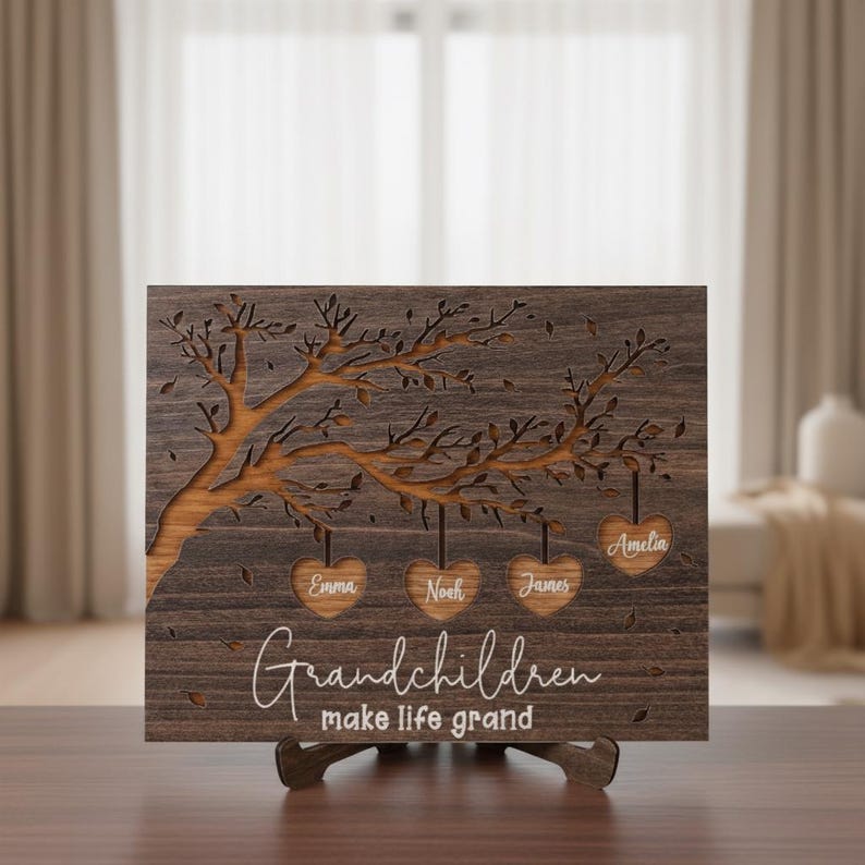 Personalized Grandchildren Tree Wooden Sign, Custom Family Name Decor ...