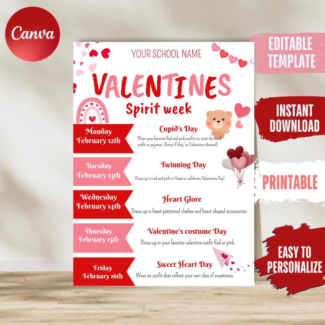 Editable Valentines Spirit Week Flyer | School PTO PTA February Spirit ...