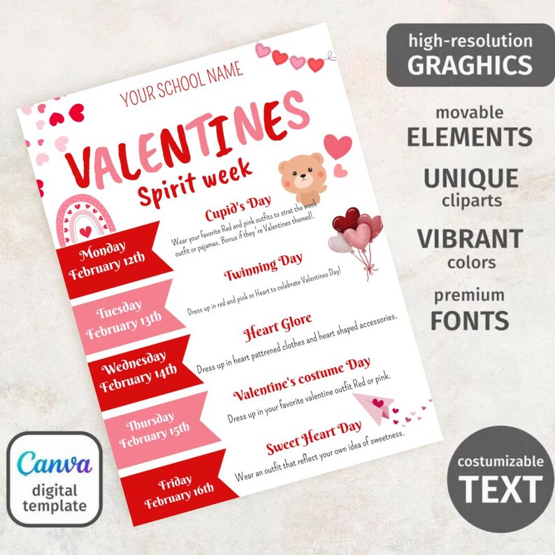 Editable Valentines Spirit Week Flyer | School PTO PTA February Spirit ...