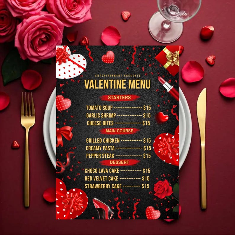 Editable Valentine’s Day Menu Template | Romantic Hearts Dinner Party ...