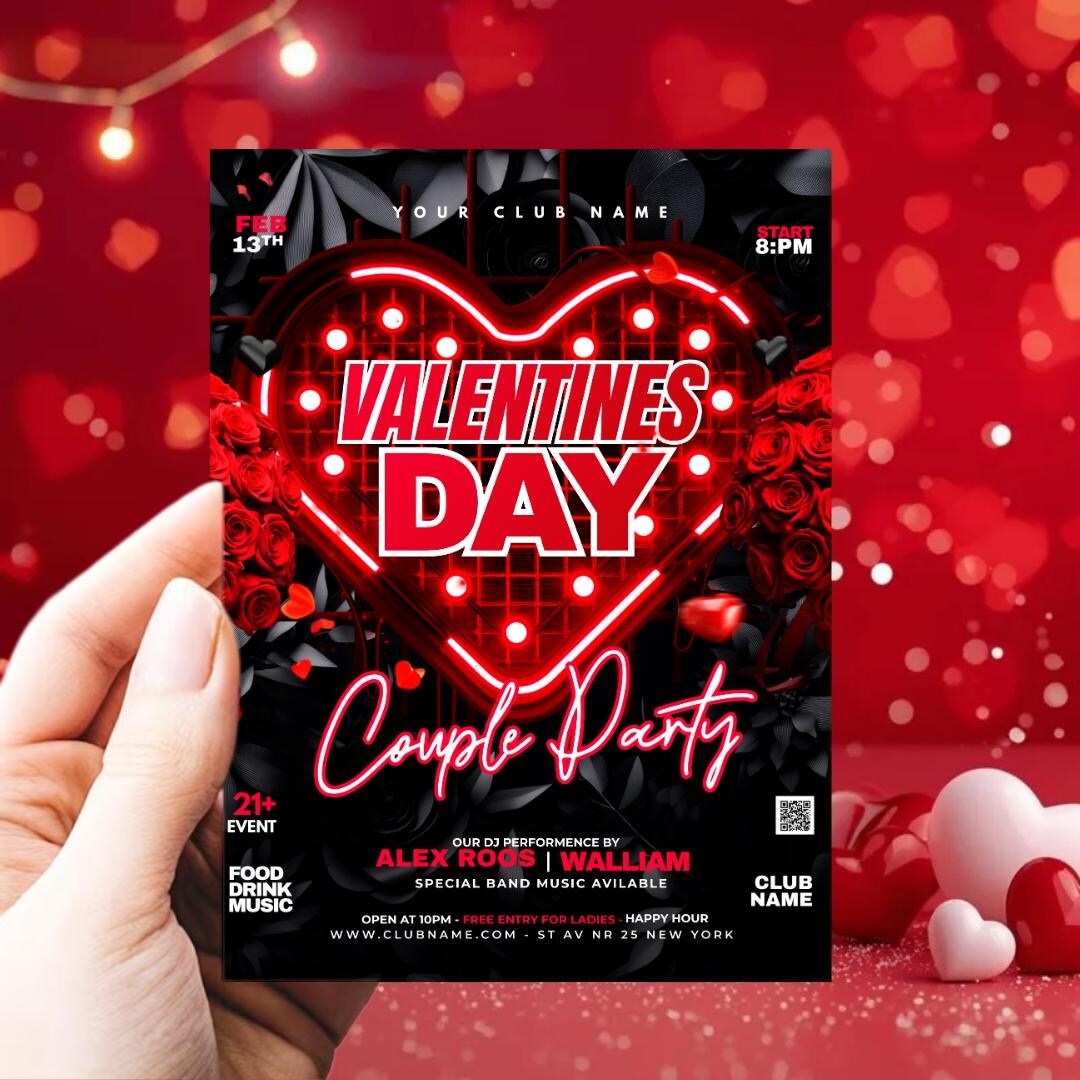 Valentine’s Day Couple Party Invitation | Romantic Red Hearts Flyer ...