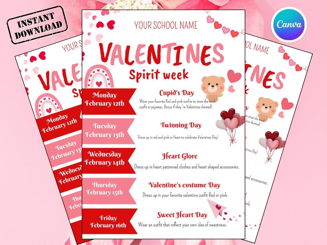 Editable Valentines Spirit Week Flyer | School PTO PTA February Spirit ...