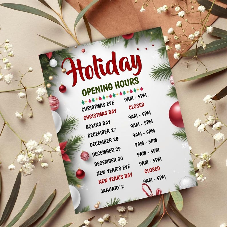 Editable Holidays Hours Sign Canva Template, Christmas Store Hours Sign ...