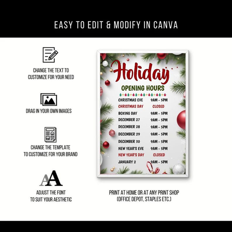 Editable Holidays Hours Sign Canva Template, Christmas Store Hours Sign ...