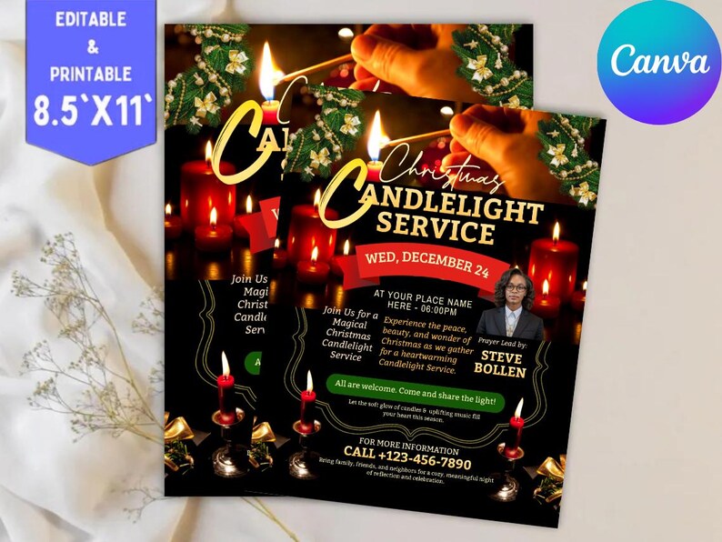 Christmas Candlelight Service Invitation Canva Template (digital ...