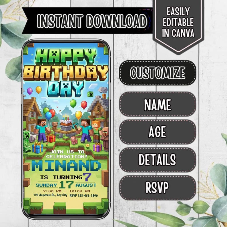 Minecraft Birthday Invitation Video, Editable Minecraft Party Invite ...