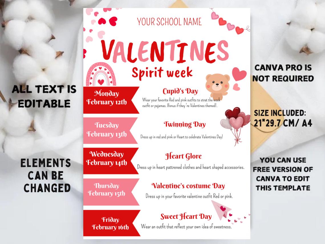 Editable Valentines Spirit Week Flyer | School PTO PTA February Spirit ...