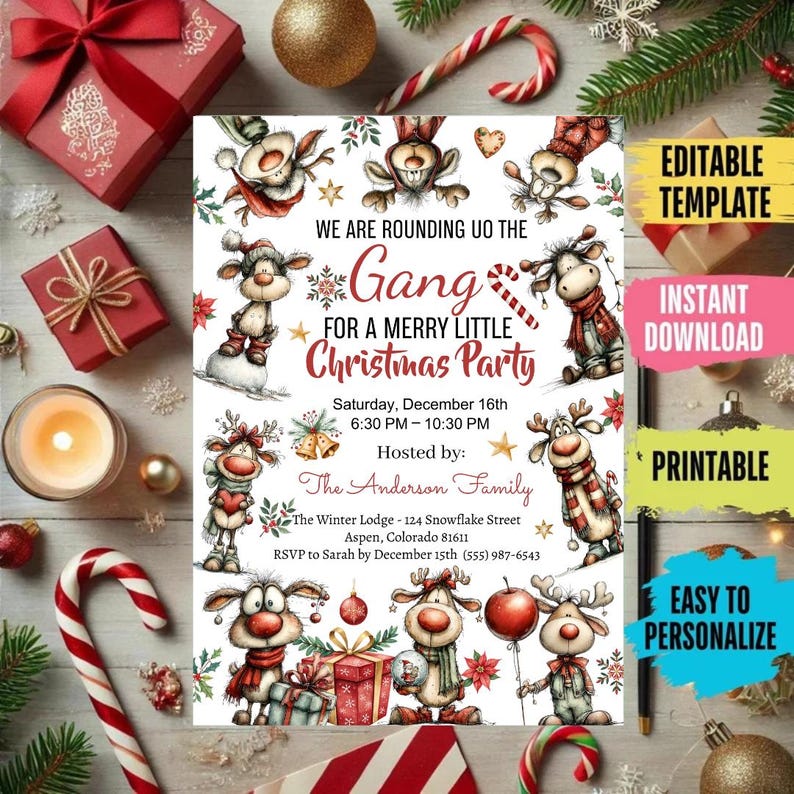 Editable Reindeer Christmas Party Invitation | Rudolph Holiday Party ...