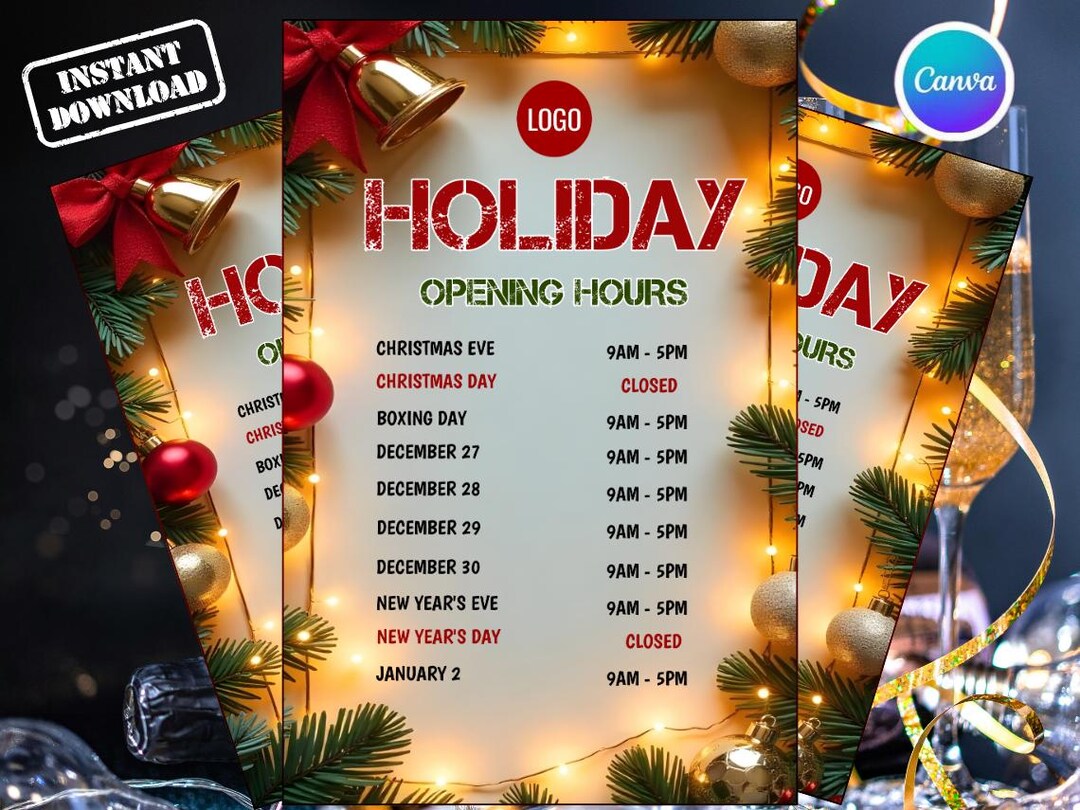 Editable Holidays Hours Sign Canva Template, Christmas Store Hours Sign ...