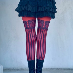 Red Burlesque Garter Leggings, Faux Garter Leggings, Womens Tights ...