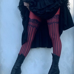 Red Burlesque Garter Leggings, Faux Garter Leggings, Womens Tights ...