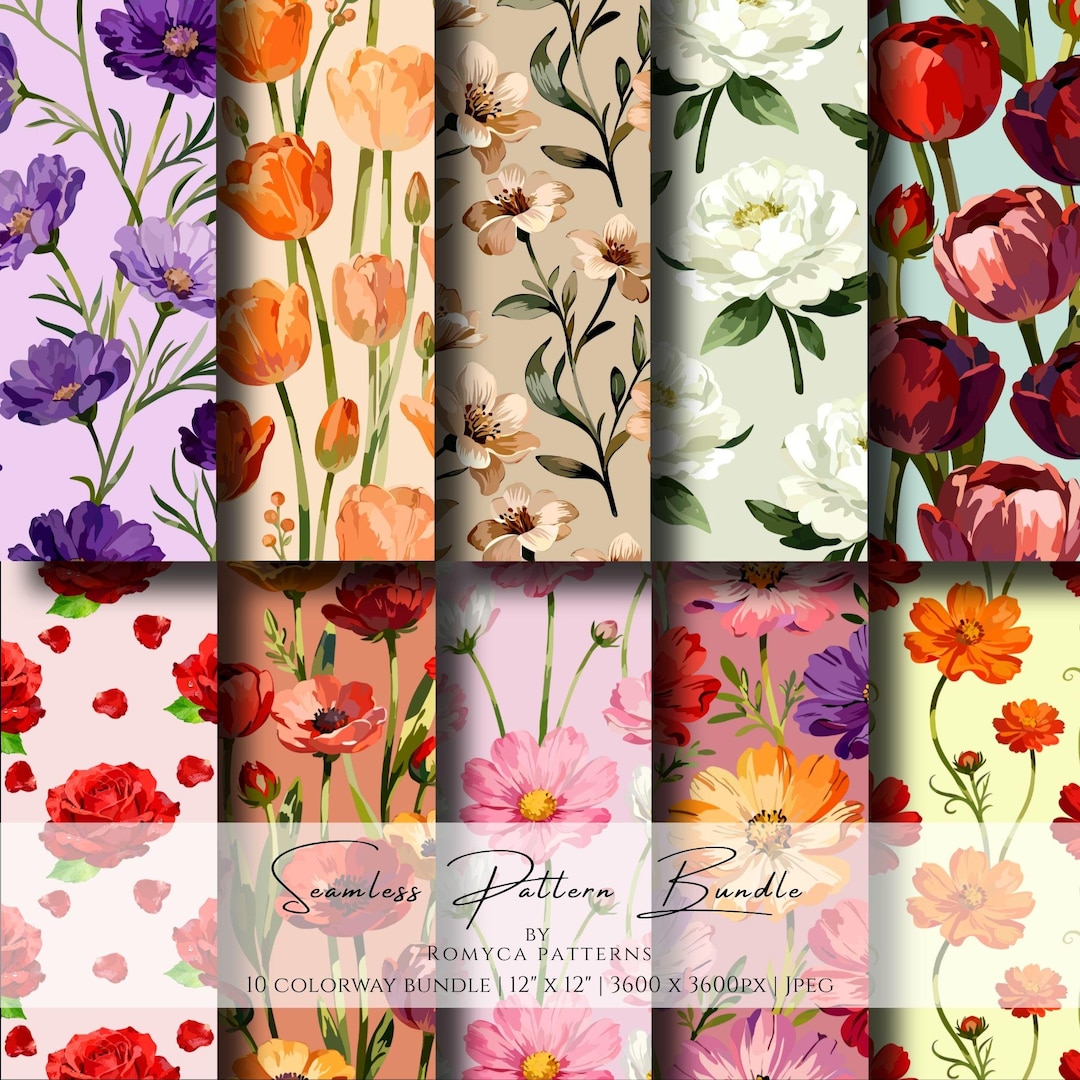 10 Floral Seamless Pattern Bundle, Vintage Flower Digital Paper Pack ...