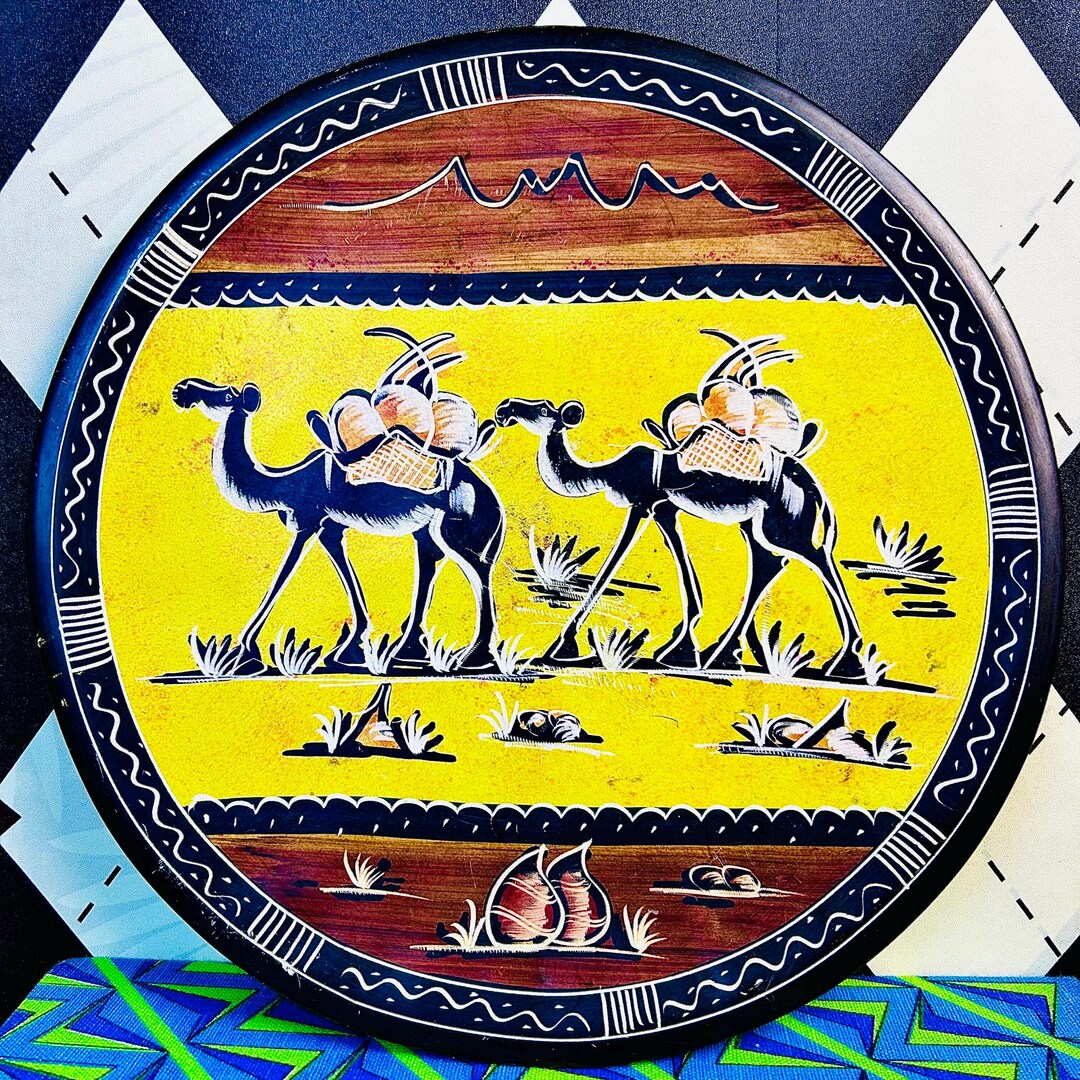 Vintage Kenyan Hand Painted Stone Plate Camel Caravan African Folk Art ...