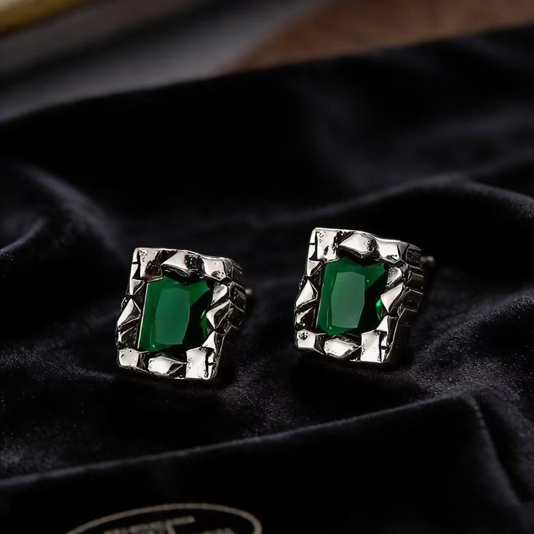 Niche Design Green Crystal Stud Earrings With Unique Textured Metal ...