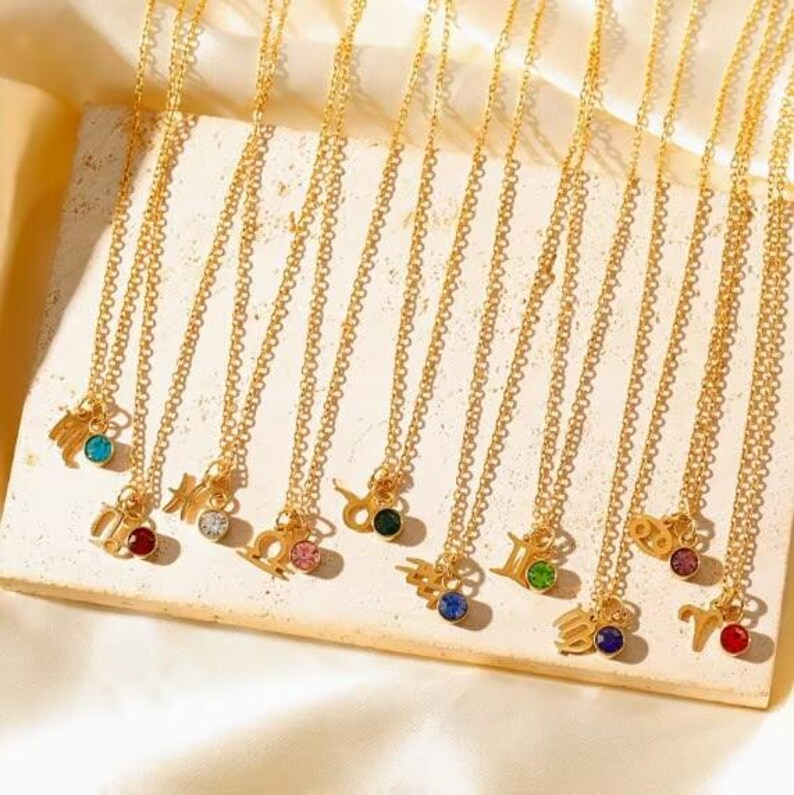 Personalized Zodiac Symbol Necklace With Colored Zircon Birthstone and ...
