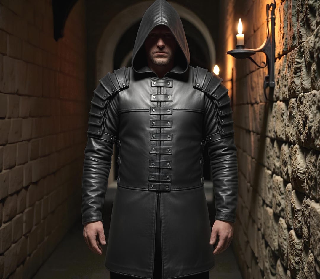 Men’s Gothic Hooded Leather Armor Tunic | Handmade Matte Black Assassin ...