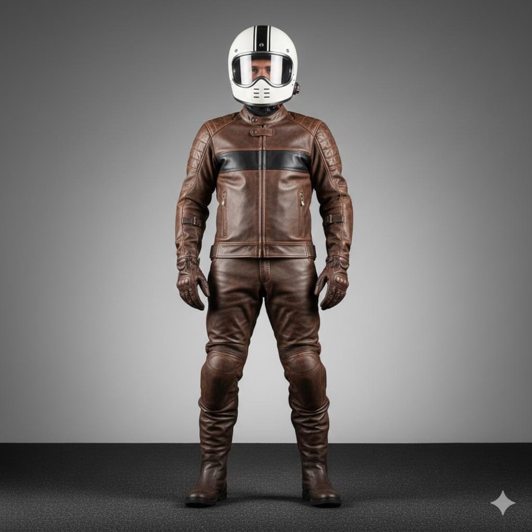 Vintage Brown Leather Motorcycle Riding Suit | Classic Biker Outfit ...