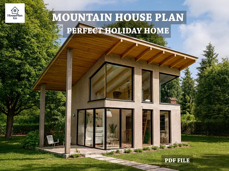 Modern Mountain House Plan | Holiday Home, Large Windows (PDF) - Etsy