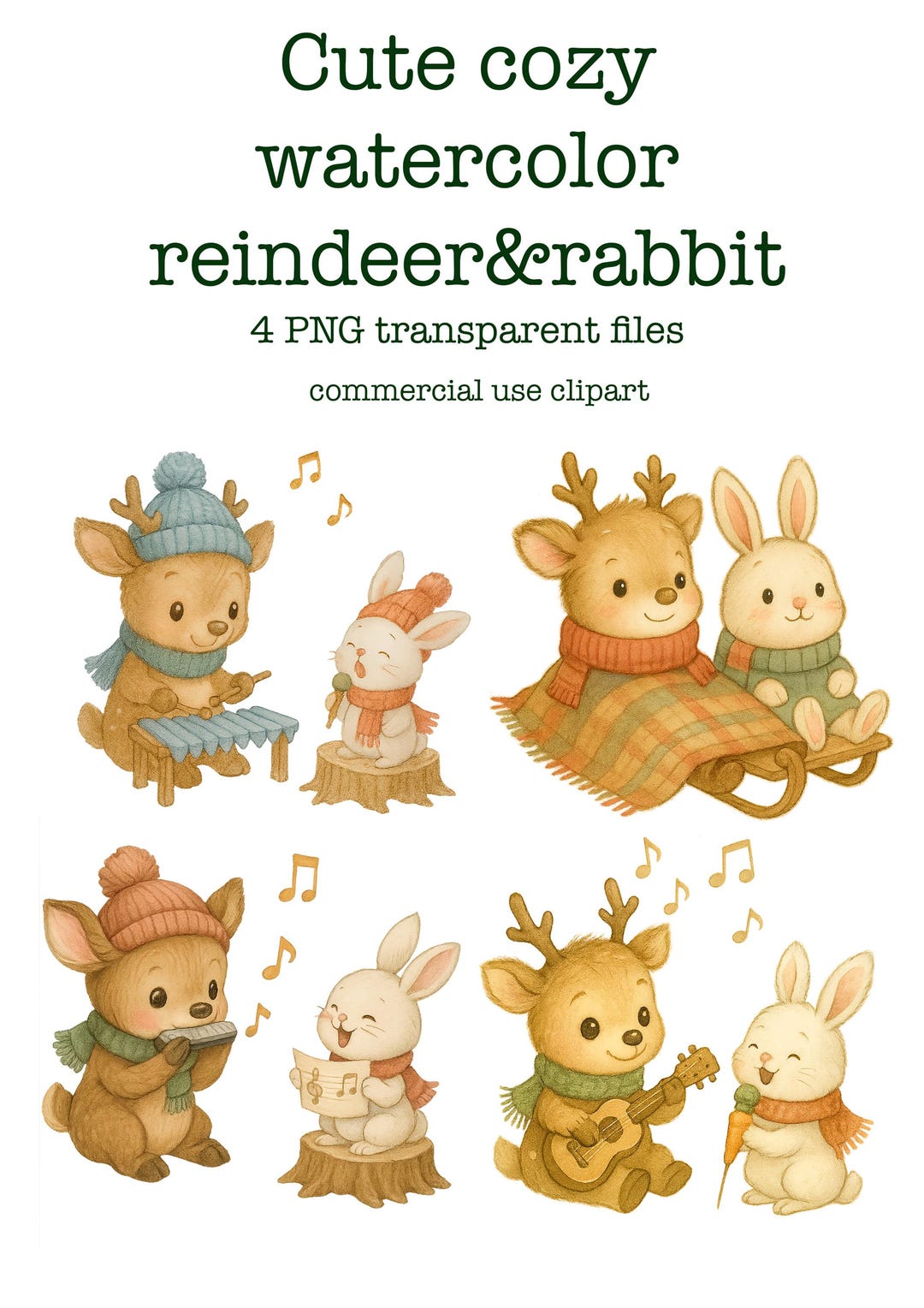 Adorable Christmas Clipart Bundle: Watercolor Reindeer and Bunny PNG ...