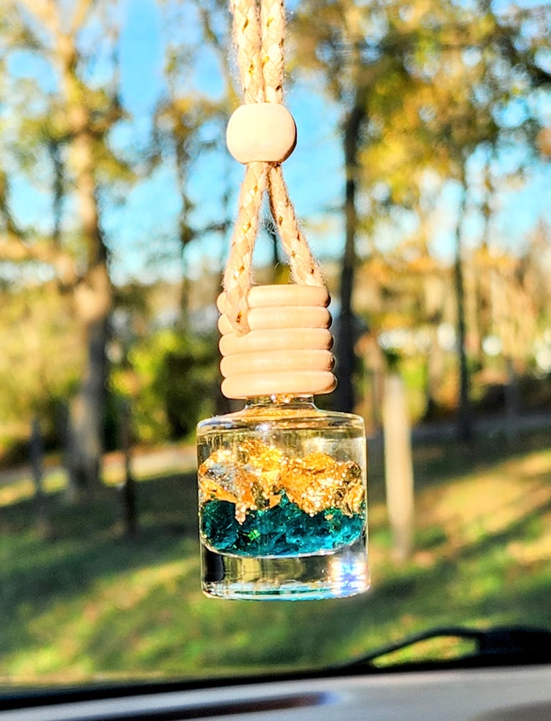 Car Oil Diffuser - Car Air Freshener - Teal Glass & Gold Flakes Hanging ...
