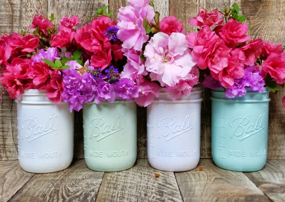 Items similar to Set-4 Ball Mason Jar Vases-Milk Glass Paint-Shabby ...