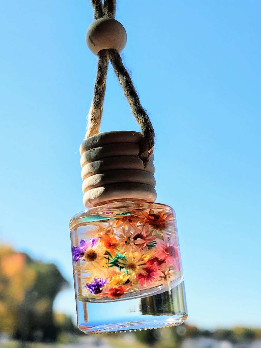 Car Oil Diffuser - Colorful Dried Flowers Car Air Freshener - Floral Hanging Scented Oil ...