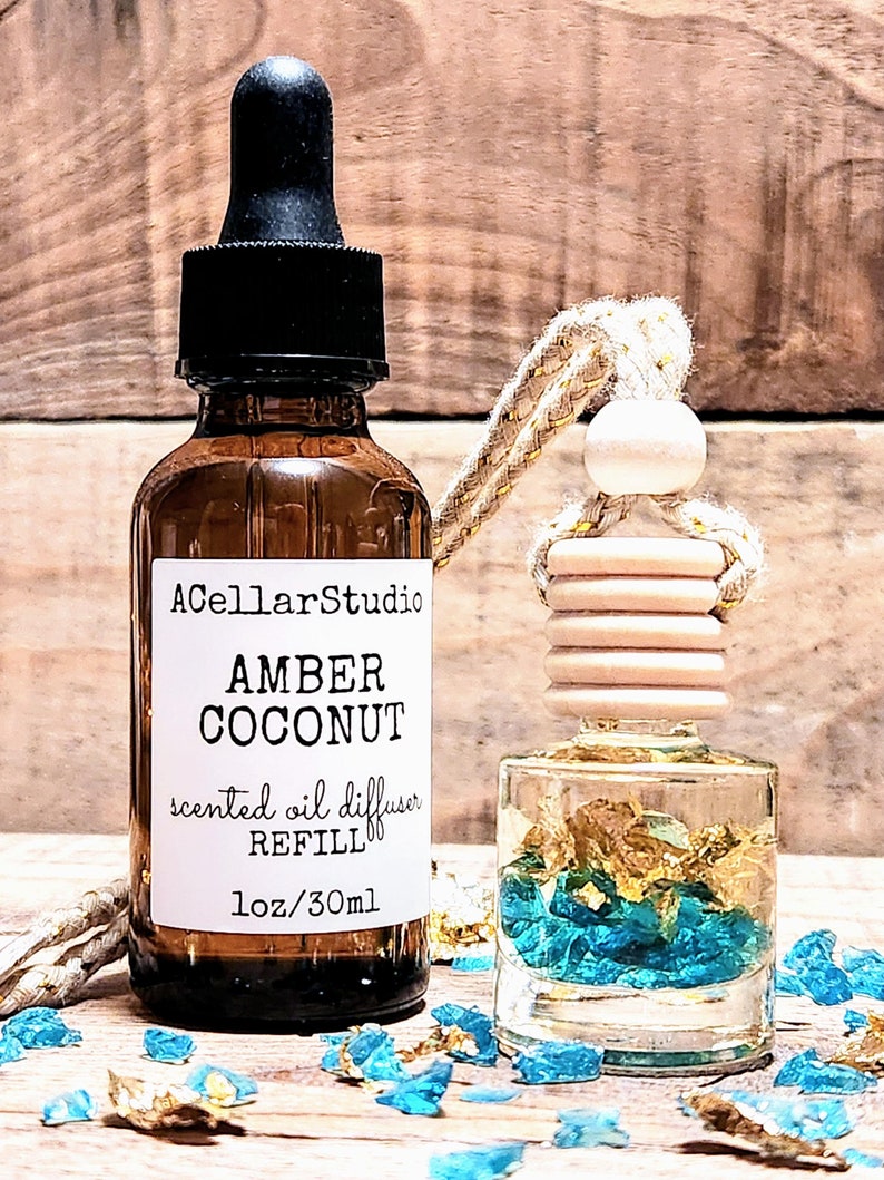 Car Oil Diffuser - Car Air Freshener - Teal Glass & Gold Flakes Hanging ...