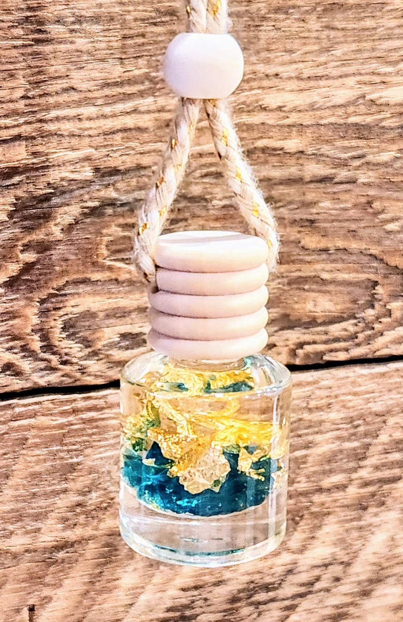 Car Oil Diffuser - Car Air Freshener - Teal Glass & Gold Flakes Hanging ...