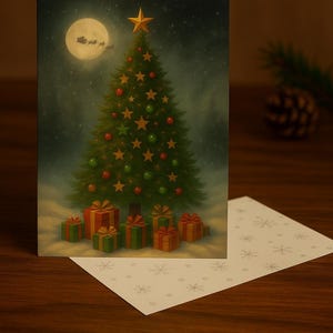 Mystical Christmas Tree Night With Santa Soaring Over the Moon - Etsy