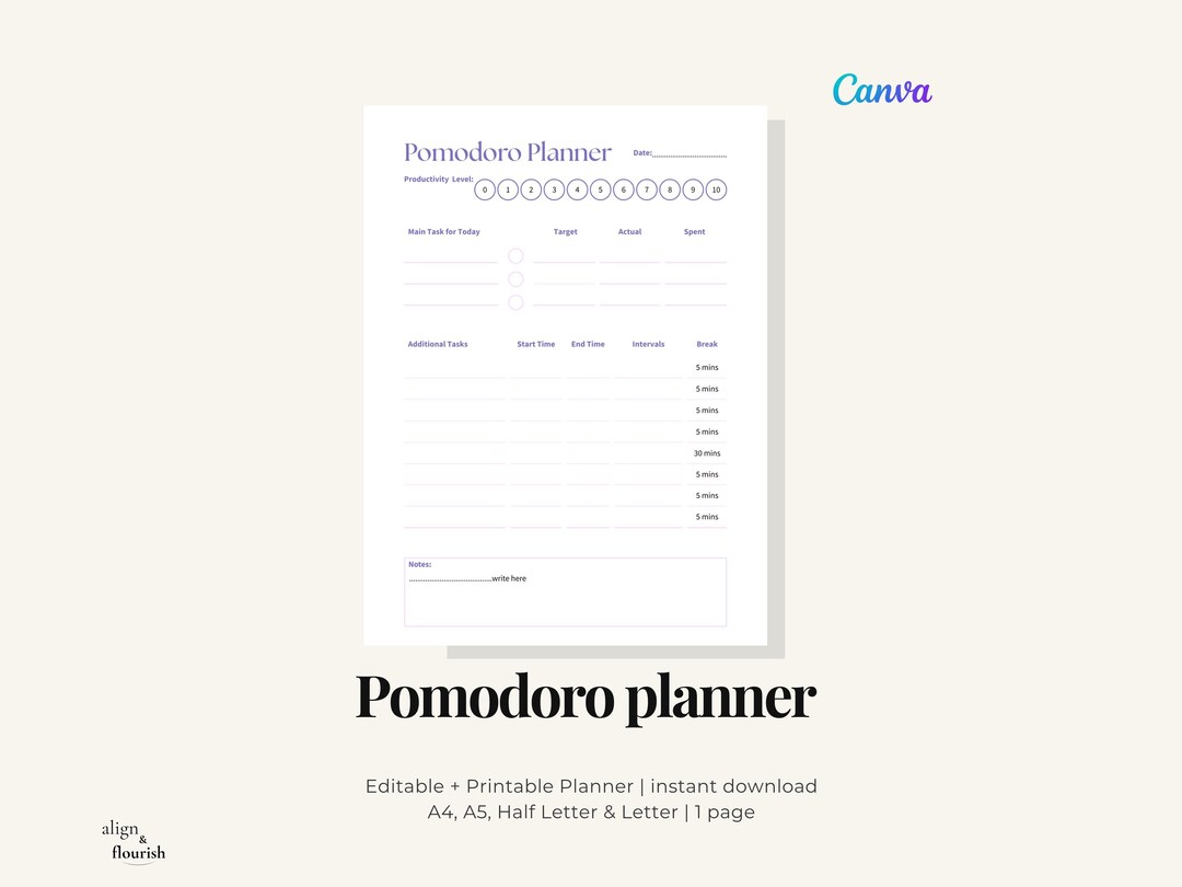 Pomodoro Planner | Daily Focus Timer Sheet | Track Sessions, Breaks ...