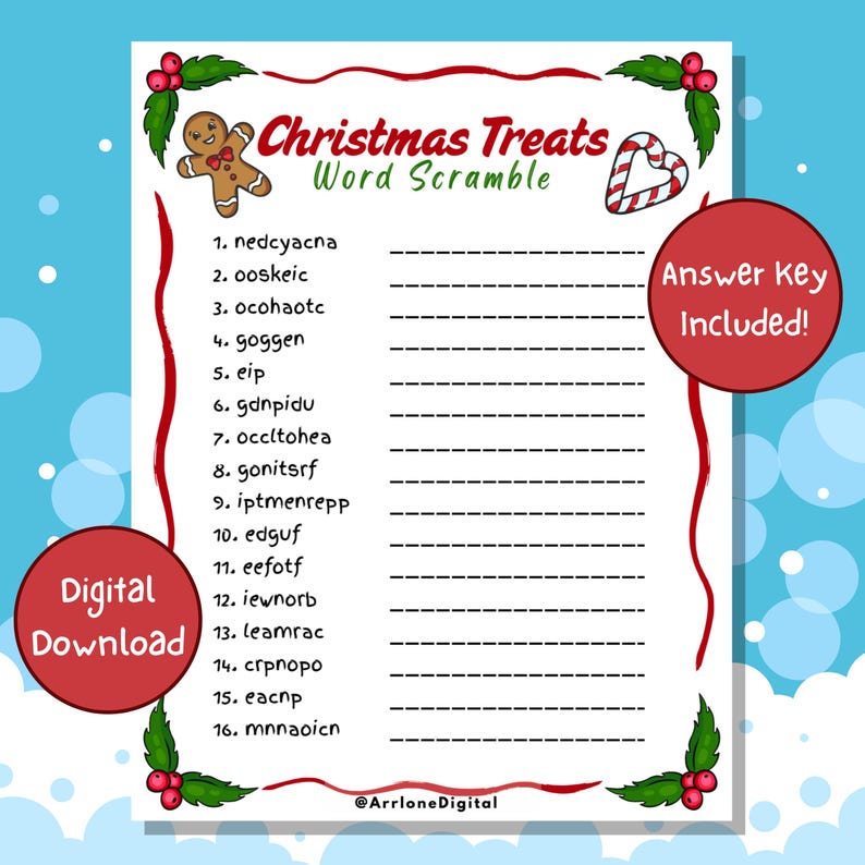 Printable Christmas Word Scramble Festive Treats Office Party Game ...