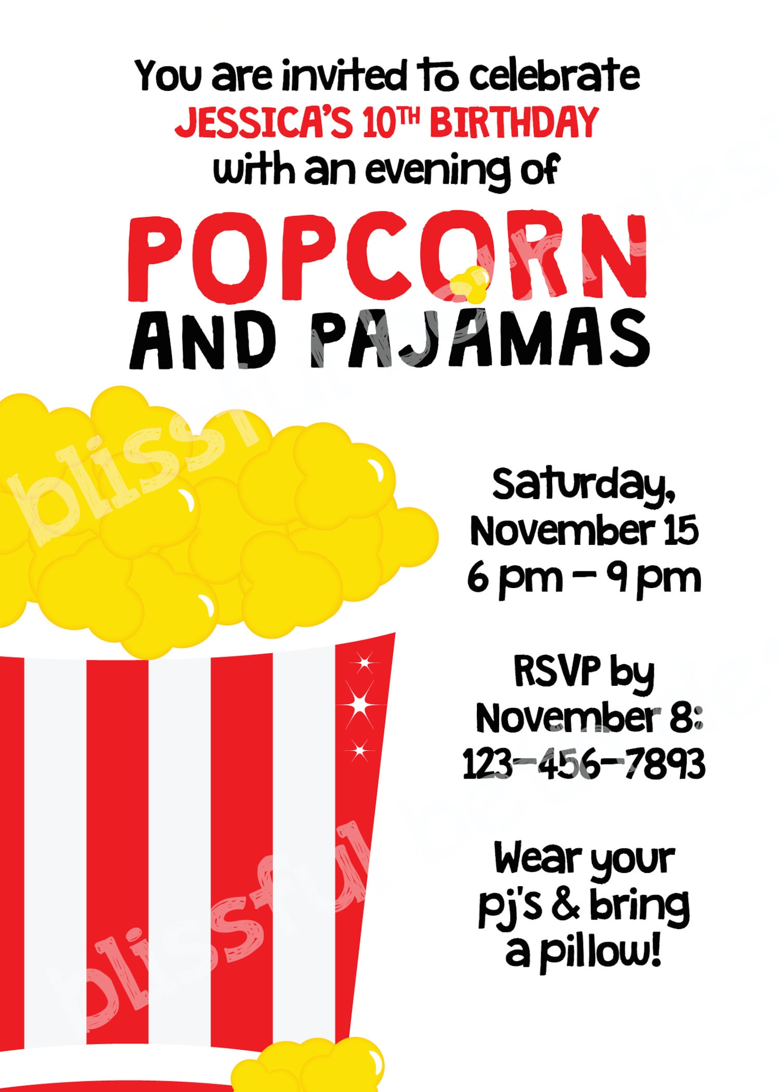 Popcorn and Pajamas Invitation, Popcorn and Pajamas, Sleep Over Invite ...