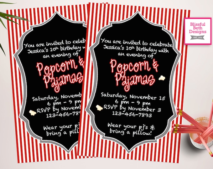 POPCORN PAJAMA INVITATION Popcorn and Pajamas, Sleep Over Invite, Movie ...